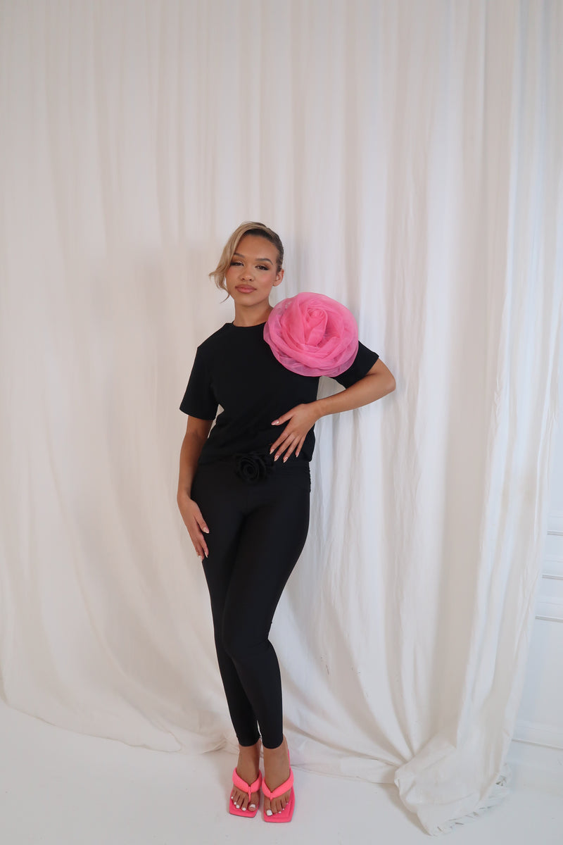 MEARA Black High Waisted Leggings with 3D Rose – Aquannah